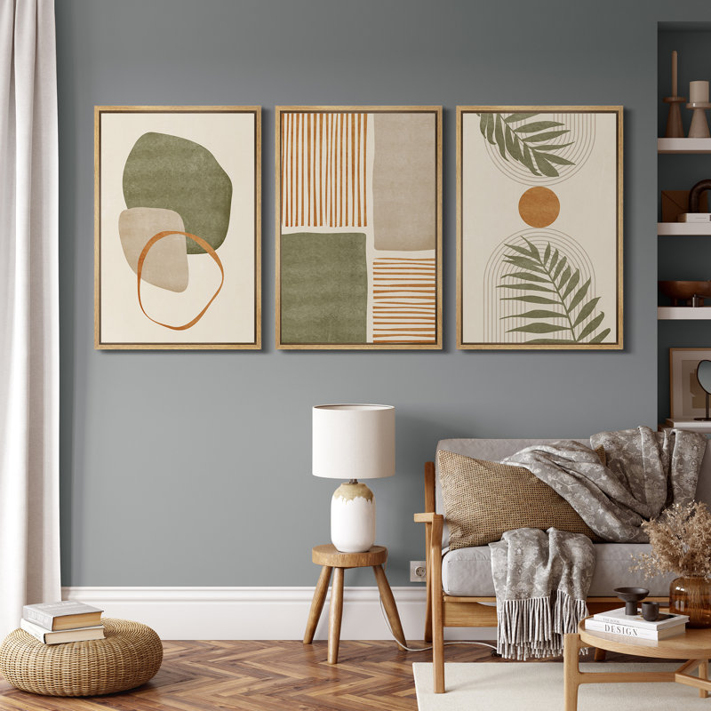IDEA4WALL Mid Century Modern Boho Organic Tropical Leaf Abstract Framed Canvas 3 Pieces Print ...
